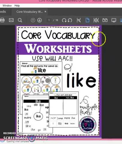 Core Vocabulary Worksheets: LIKE for Reading, Phonics, AAC, and Speech ...