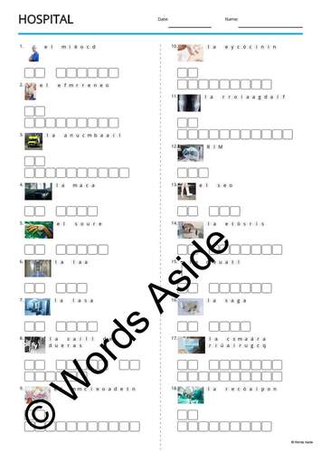 Spanish Vocabulary Worksheets Cards Crossword Word Search Anagram HOSPITAL