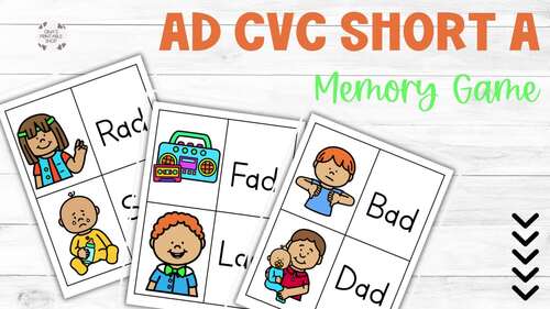 AD CVC Short A Words Memory Game Activity by GinasPrintableShop | TPT