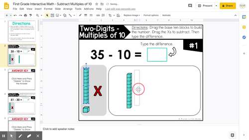 Subtract Multiples of 10 First Grade Math Activity for Google Slides