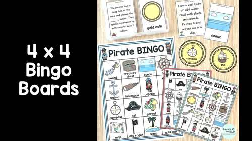 Pirate Vocabulary & Bingo Game with Riddles or Inference Clues for Language