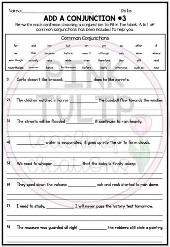 Add A Conjunction To The Sentences - Fill in the Blanks Worksheet Pack