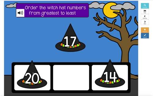 Comparing Ordering Numbers Halloween Math Digital Task Boom Cards 1st grade