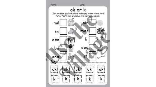'Ck or k' Cut & Paste Worksheets! Phonics Blends Kindergarten CKLA ...
