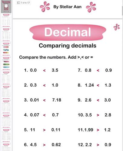 Answer key to the Decimal math worksheet. by Supattra Namkhao | TPT