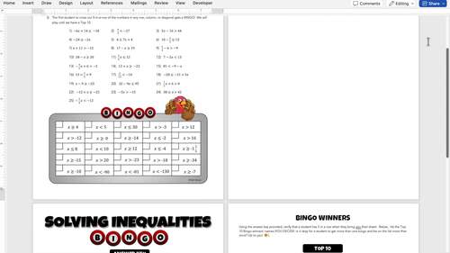 Solving Two Step Inequalities Activity Thanksgiving Math Worksheet No Prep