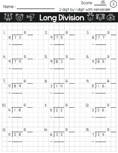 2 Digit by 1 Digit Long Division with Remainder Worksheets | 4th Grade Math