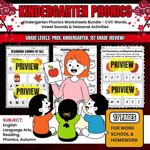 Kindergarten Phonics Worksheets Winter - CVC Words, Vowel Sounds & Seasonal