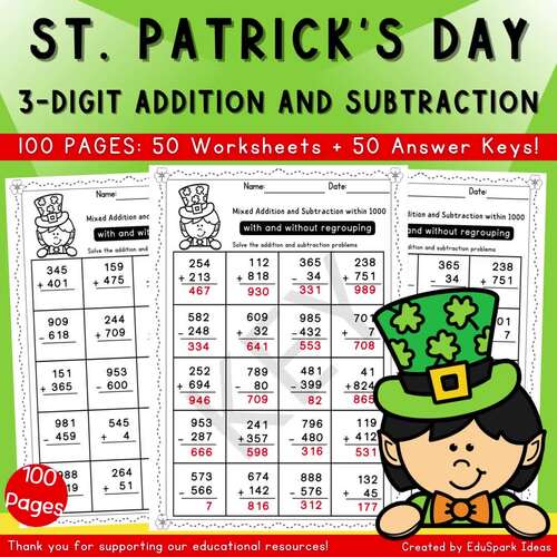 3-Digit Addition and Subtraction with Regrouping - St. Patrick's Day ...
