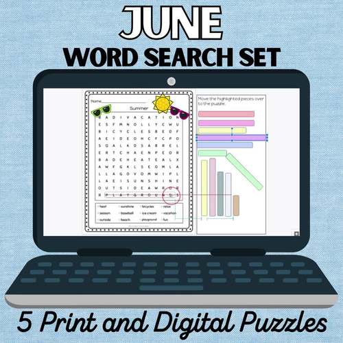 June Word Search Set Printable Pages and Digital Puzzles for Google Slides™