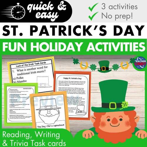 St. Patrick's Day Activities Reading Comprehension Writing Task Cards March