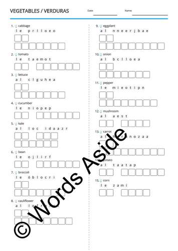 Spanish English Vocabulary Worksheets Cards Puzzles VEGETABLES by Words ...