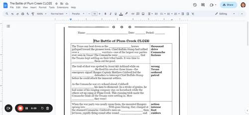 Battle of Plum Creek CLOZE | Republic of Texas | 7th Grade | Texas History