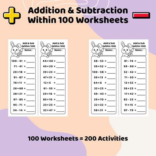 Addition and Subtraction Within 100 Worksheets | Mixed Practice With ...
