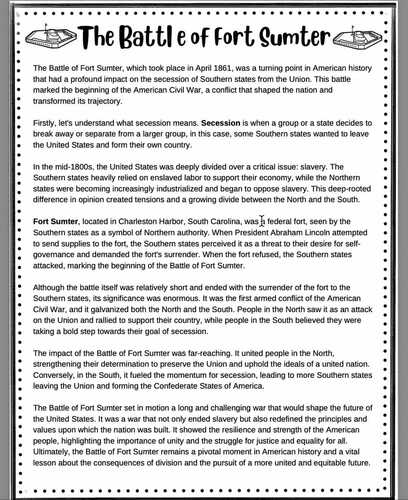 Battle of Fort Sumter Reading Worksheet | Comprehension & Writing Task