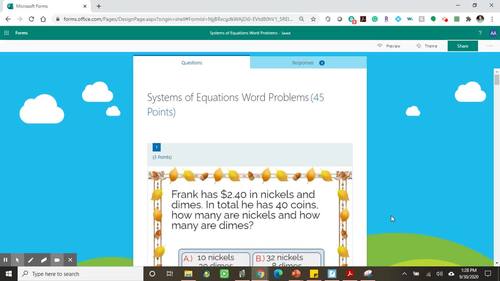 Systems of Equations Word Problems: Microsoft OneDrive Forms Quiz - 15 ...