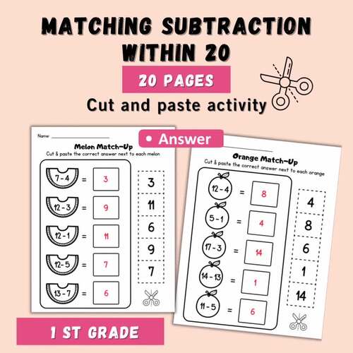 Matching Subtraction within 20 Worksheets | Cut and Paste Math Facts ...