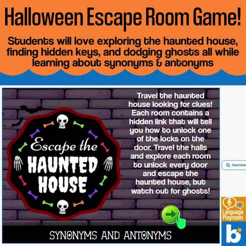 Synonyms and Antonyms Haunted House Escape Room BOOM CARDS Halloween Game