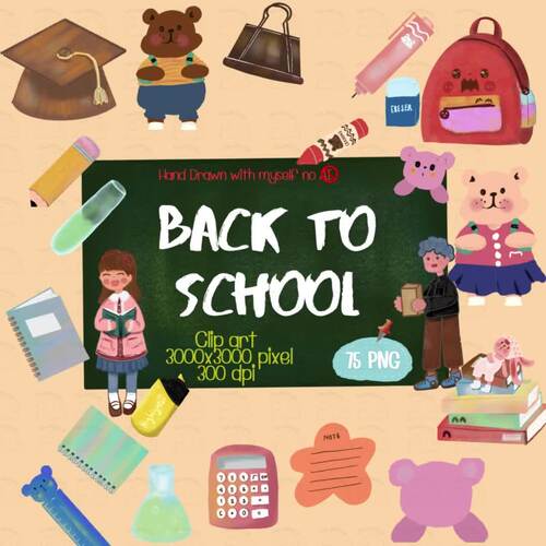 Back to School Clipart Set - Hand-Drawn - 75 High-Quality PNG Images