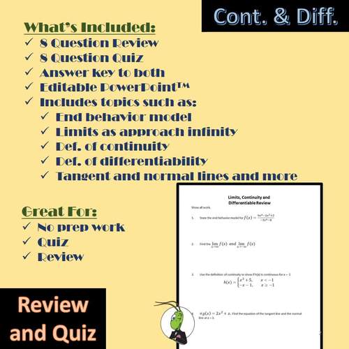 Limits, Continuity and Differentiable Practice and Quiz Calculus | Editable