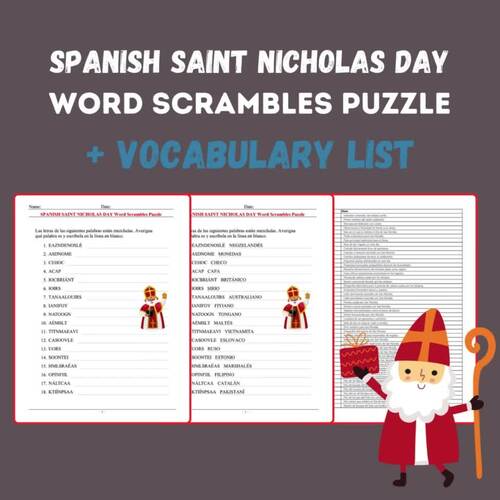 Spanish SAINT NICHOLAS DAY Word Scrambles Puzzle Vocabulary Worksheets