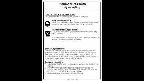 Systems of Inequalities Jigsaw Activity by MC Math in the Middle