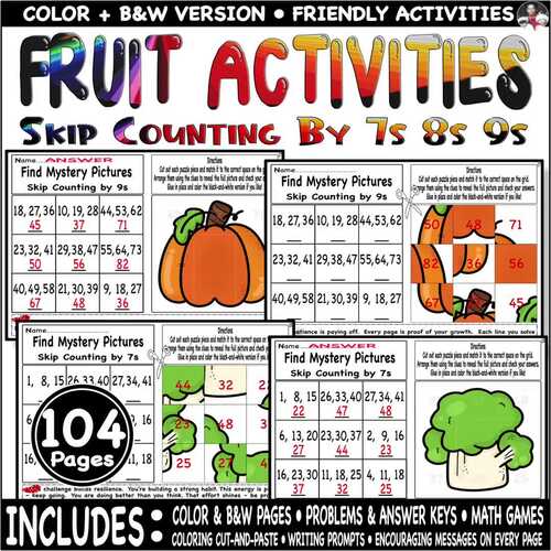 Fruit Skip Counting by 7s, 8s & 9s Picture Games, solve, color, cut ...