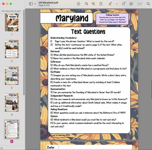 Maryland || US States || Information Text Close Reading Comprehension