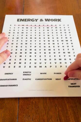 Energy & Work Word Search Physics Activity Game 11th Grade 12th Grade
