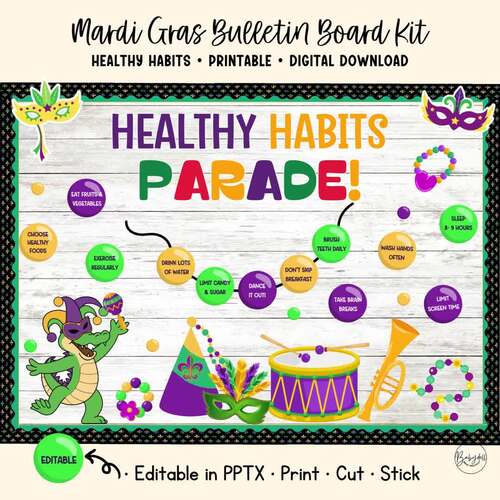Mardi Gras Bulletin Board Kit | Healthy Habits Parade Decor | Editable ...