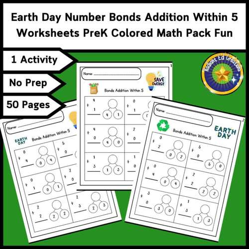 Earth Day Number Bonds Addition Within 5 Worksheets PreK Colored Math ...