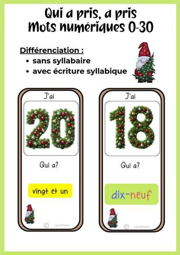 French: Numbers 0-30 Game | Christmas | Qui a pris, a pris | Noël