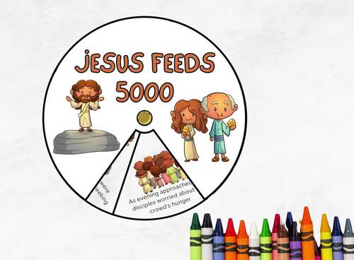 Jesus Feeds 5000, Bible Story Spinning Wheel, Sunday School Coloring Craft