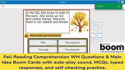 Fall Reading Comprehension WH Questions & Main Idea Digital Boom Cards