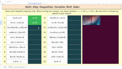 Solving Multi-Step Inequalities with Variables mystery Picture art Reveal