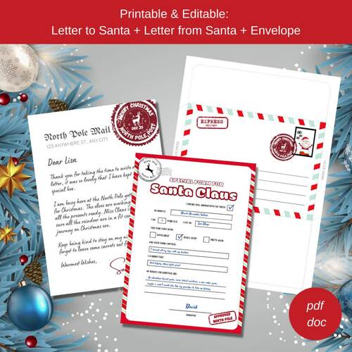Printable & Editable: Letter to Santa + Letter from Santa + Envelope