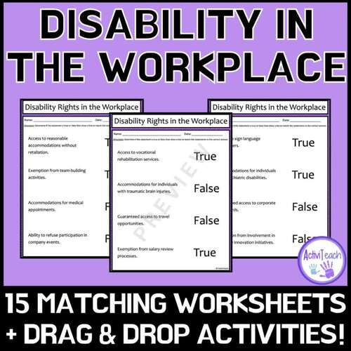 Disability in the Workplace Matching Worksheets Packet for Special ...