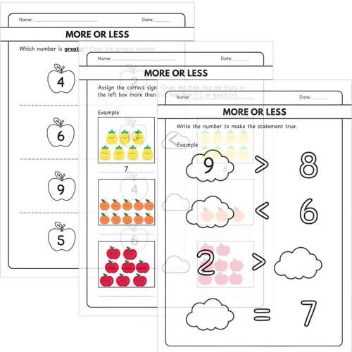 More or Less Fun Fruits Worksheet | Comparing Numbers Kindergarten/Pre-k