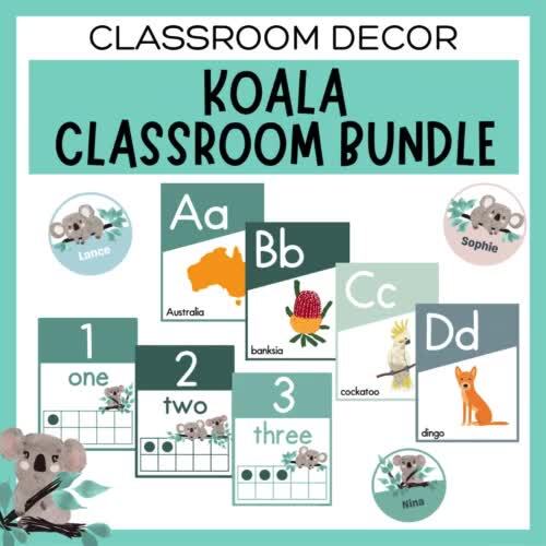 Koala Themed Classroom Decor Bundle | Alphabet, Numbers and Labels