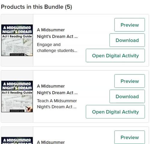 A Midsummer Night's Dream Reading Guide Questions for Act 1, Act 2, Act ...