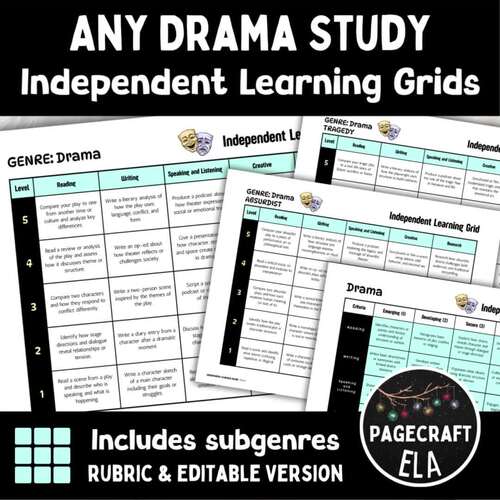 Any Drama Genre Independent Study Grids of Activities with Rubric