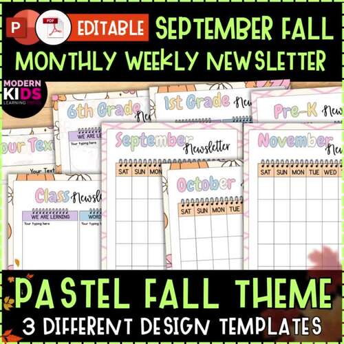 EDITABLE Month & Week September Fall Pastel Theme Newsletter Templates