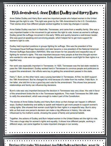 19th Amendment Worksheet – Anne Dallas Dudley & Harry Burn Writing ...