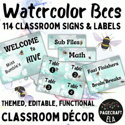 Watercolor Bees Classroom Labels and Signs | Editable Decor Set | 114 ...
