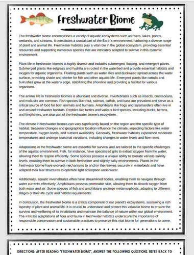 Freshwater Biome Reading Passage Workheet | Comprehension & Writing ...