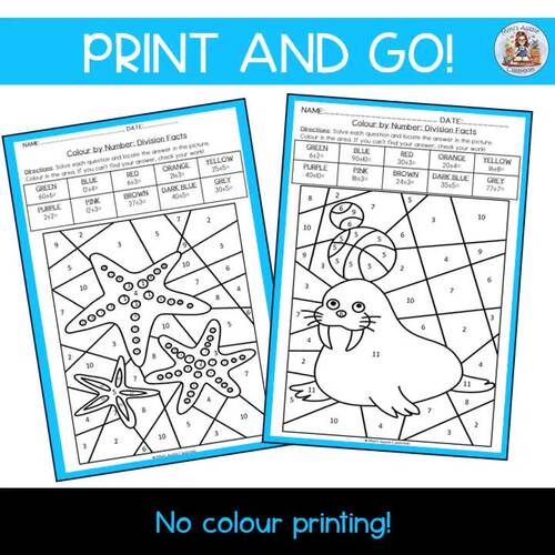 Grades 3 & 4 Color By Number – Division Facts Bundle | SEA ANIMALS theme