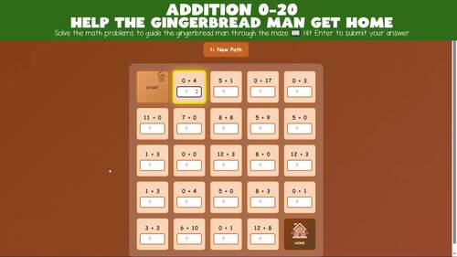Help the Gingerbread Man get Home! | Addition Facts 0–20 Digital Math Game