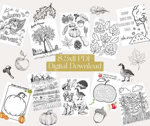 Fall Coloring Autumn Activity Pages PDF Printable Instant Download