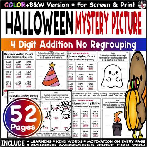 4 Digit Addition Without Regrouping | Halloween Mystery Pictures Activities
