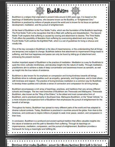 Buddhism Worksheet | Comprehension Passage Essay Questions by A Dads ...